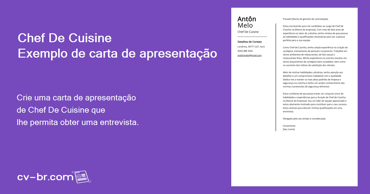 Chef De Cuisine Exemplo de carta de apresentação para 2024