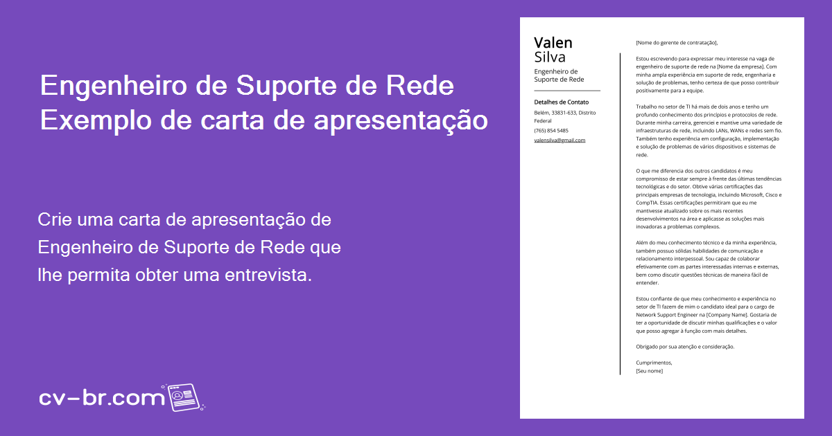 Carta de Apresentação Engenheiro de Suporte de Rede: Descrição do cargo ...
