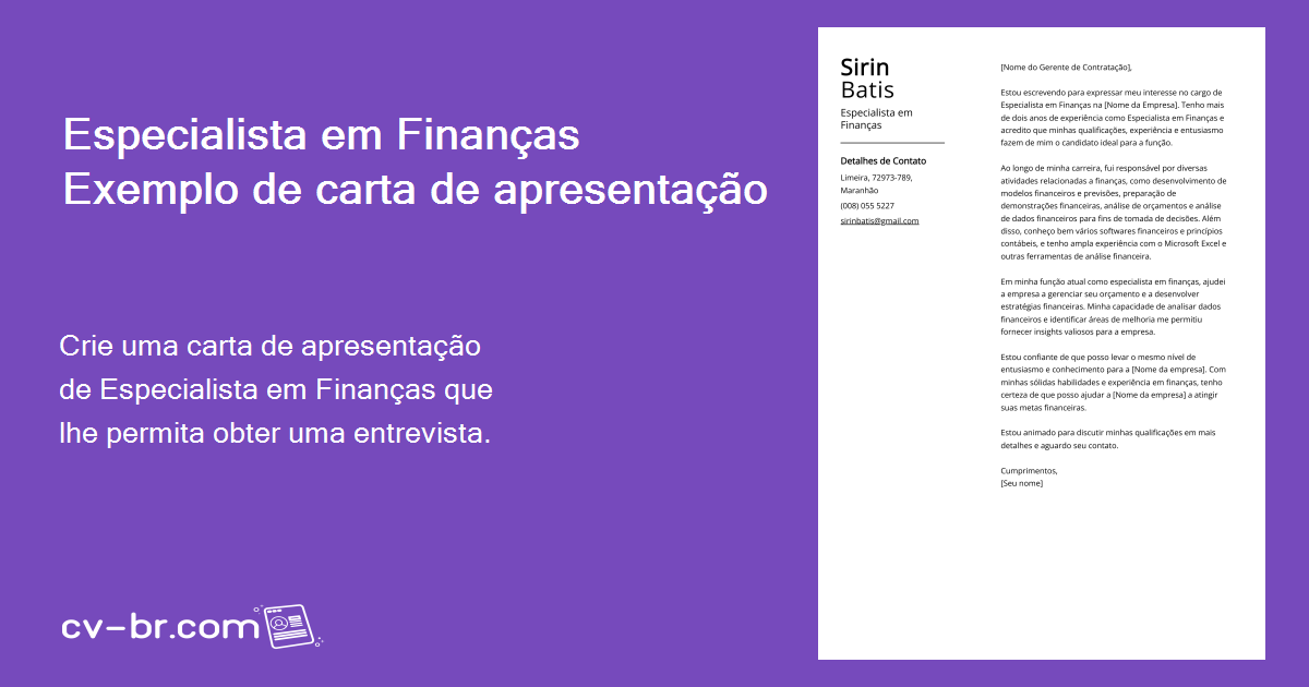 Carta de Apresentação Especialista em Finanças: Exemplo e guia ...