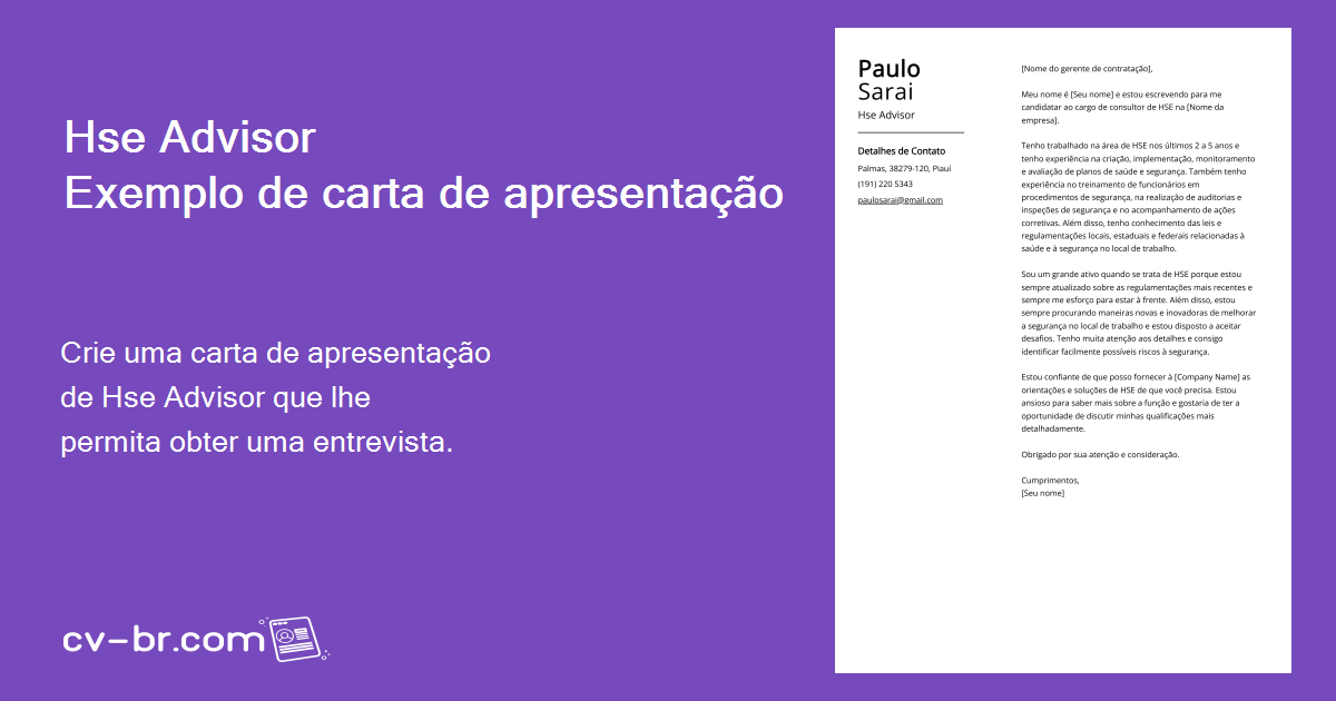 Carta de Apresentação Hse Advisor: Exemplo e guia (empregos de nível ...