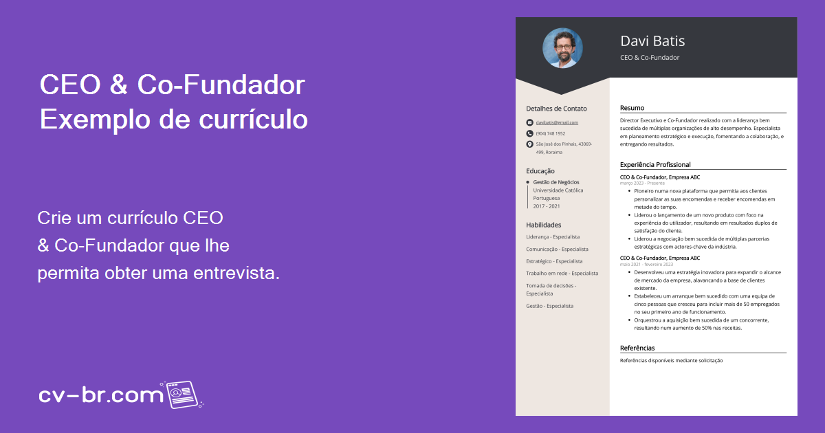 Exemplo de currículo de director executivo e co-fundador (guia gratuito)
