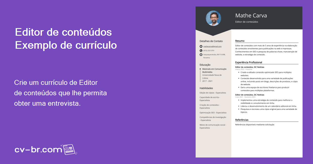 Exemplo de currículo de editor de conteúdos (guia gratuito)