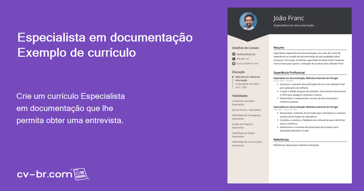 Especialista em documentação Exemplo de currículo para 2024
